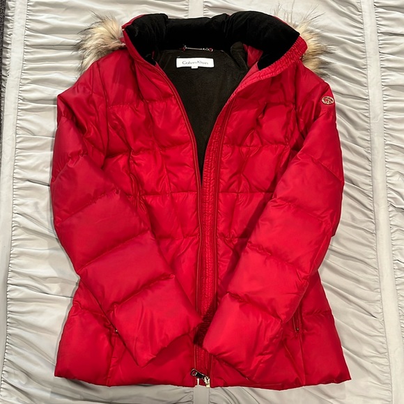 Calvin Klein | Jackets & Coats | Calvin Klein Red Puffer Coat With Faux ...